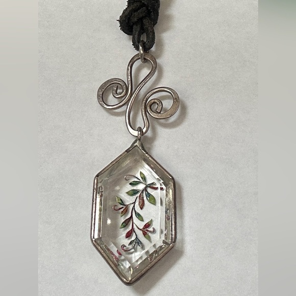 Jewelry | Vintage Necklace Sterling Silver Etch Floral Design On Glass ...